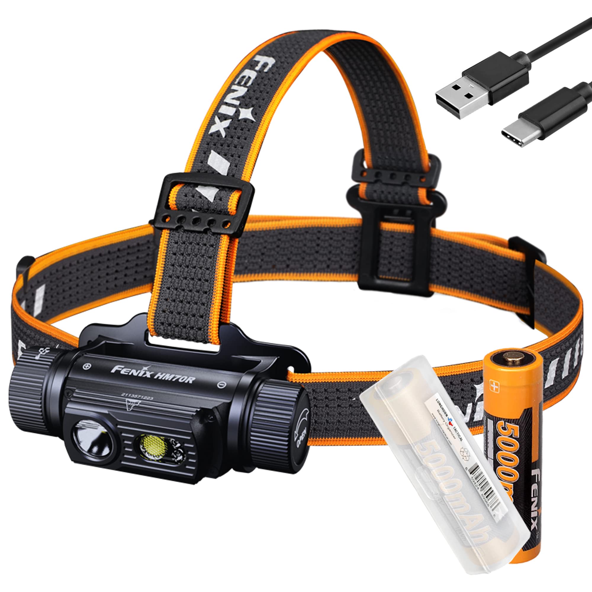 Fenix HM70R 1600 Lumen USB-C Rechargeable Headlamp with 2 ARB-L21-5000, White, High CRI and Red Beams & LumenTac Organizer