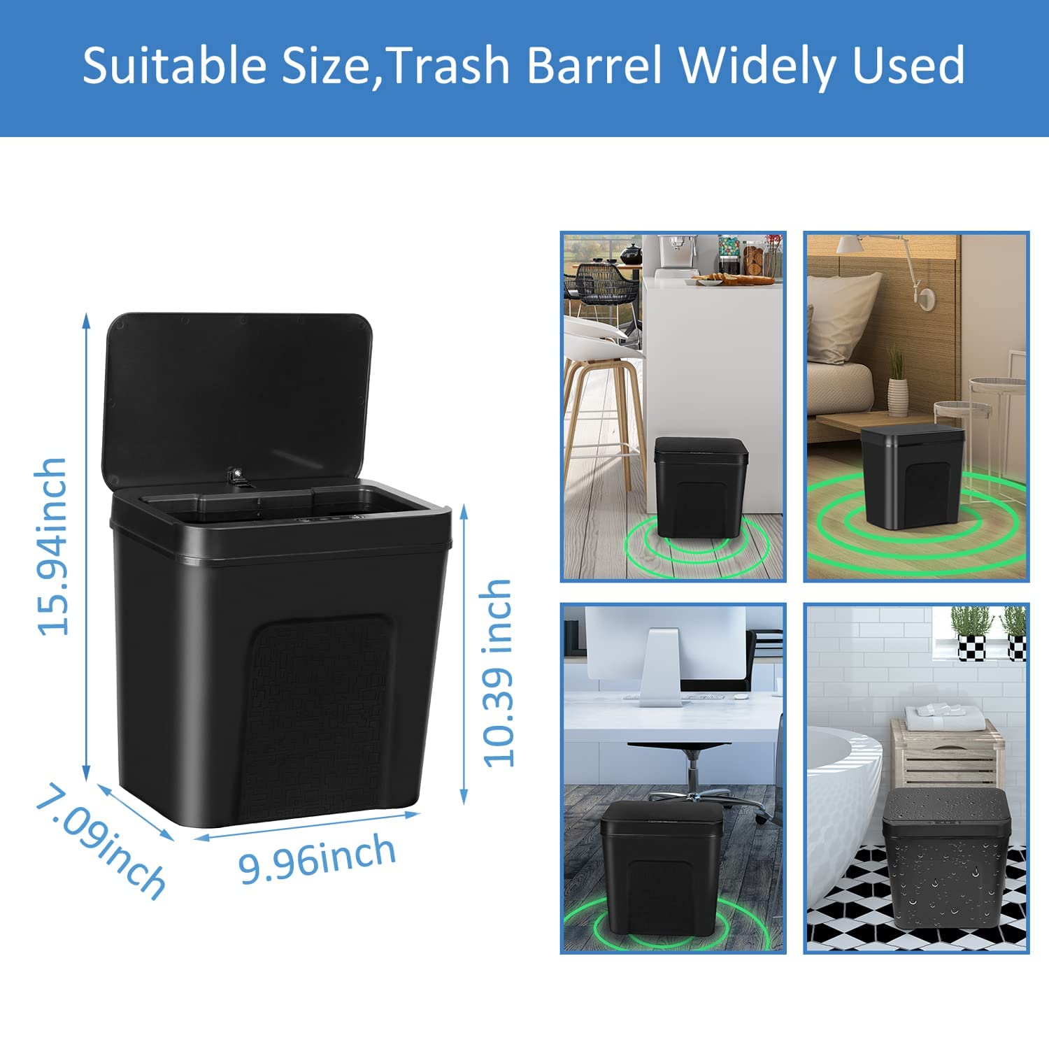 Bathroom Trash Can with Lid - Touchless 2.5 Gallon Automatic Motion Sensor Smart Trash Bin, Slim Plastic Narrow Garbage Can for Bathroom, Kitchen, Office, Bedroom, Recycle Black