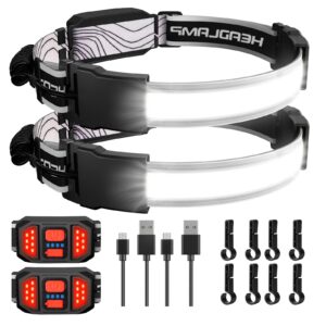 svjestan led headlamp rechargeable, 1000 lumen headlamp hard hat light mechanic light, 230°wide beam headband light with red tail light, lightweight head lamp for running camping（2-packs）