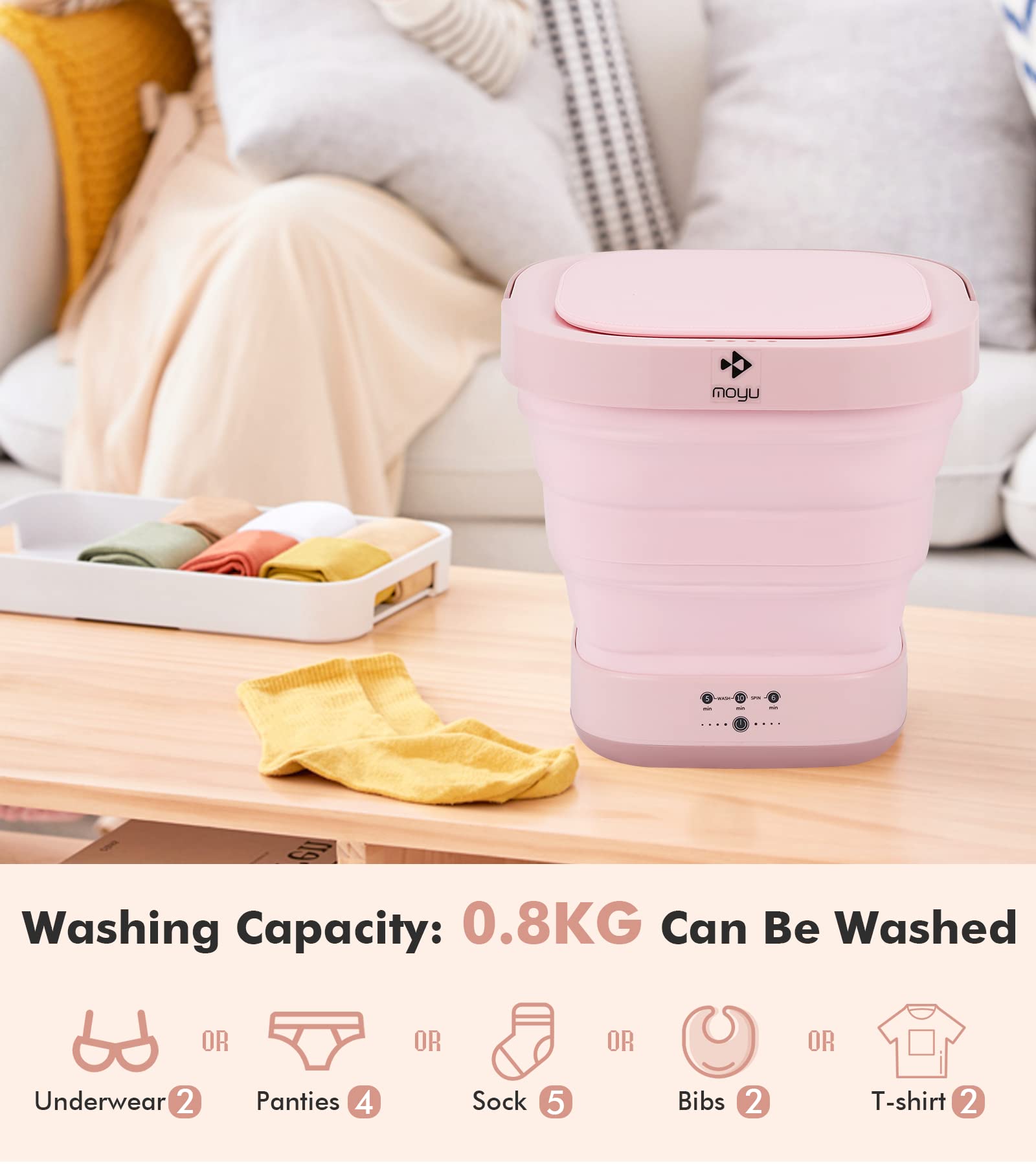 Portable Washing Machine Mini Washer with Drain Basket, Foldable Small Washer for Underwear, Socks, Baby Clothes, Towels, Delicate Items (White)