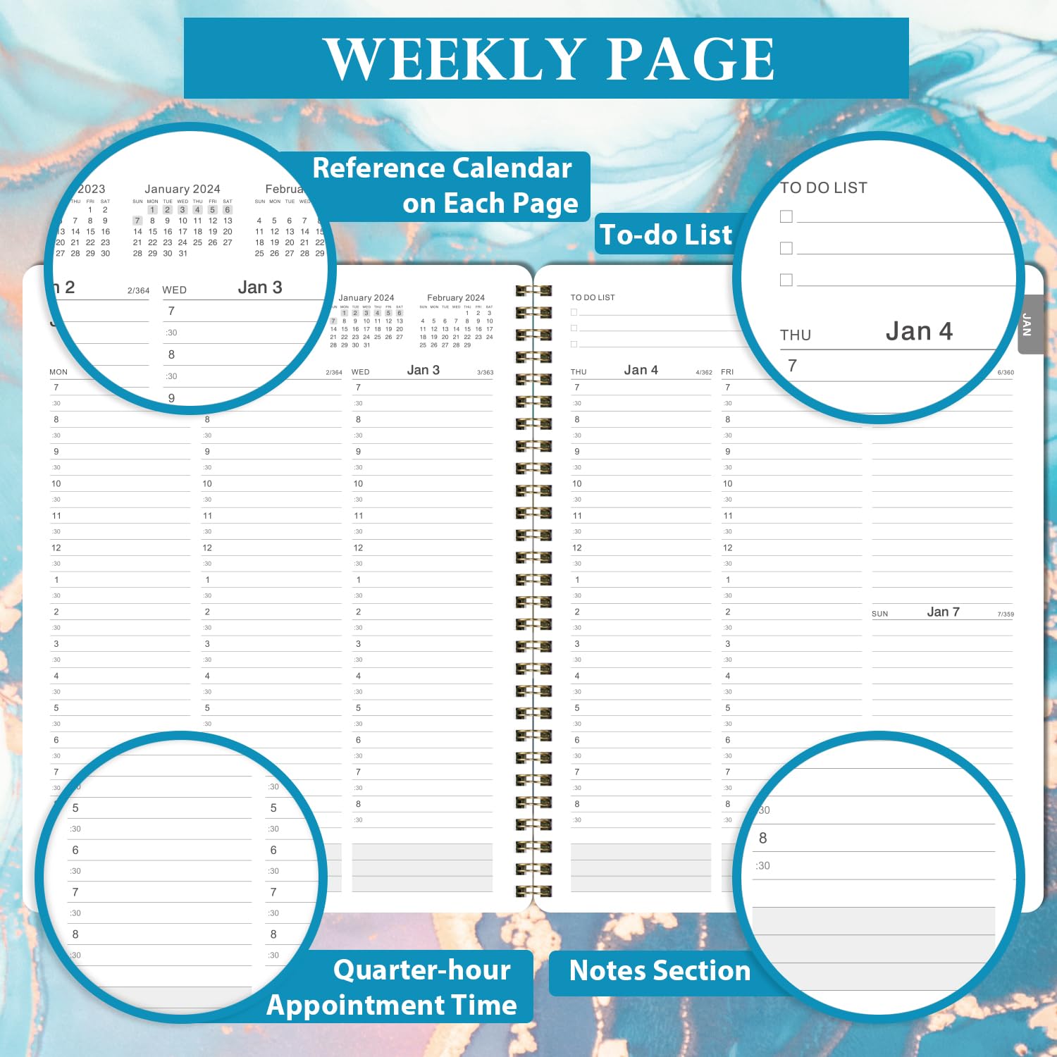 2024 Weekly Appointment Book & Planner - 2024 Daily Hourly Planner, January 2024 - Decmber 2024, 8" x 10", 30-Minute Interval Appointment Book 2024 with Thick Paper - Contrast Watercolor