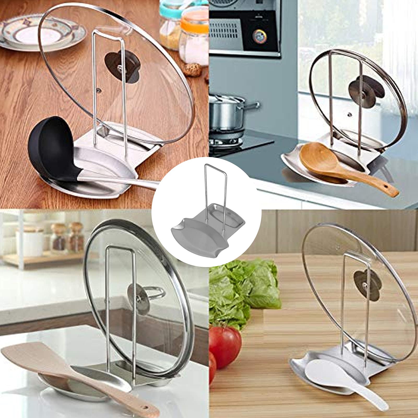 304 Stainless Steel Pan Cover Rack, Storage Shelf Organizer Spoon Rest with Drain Tray Stainless Steel Pan Pot Cover Lid Rack Shelf Stand for Pots Pans Spoons