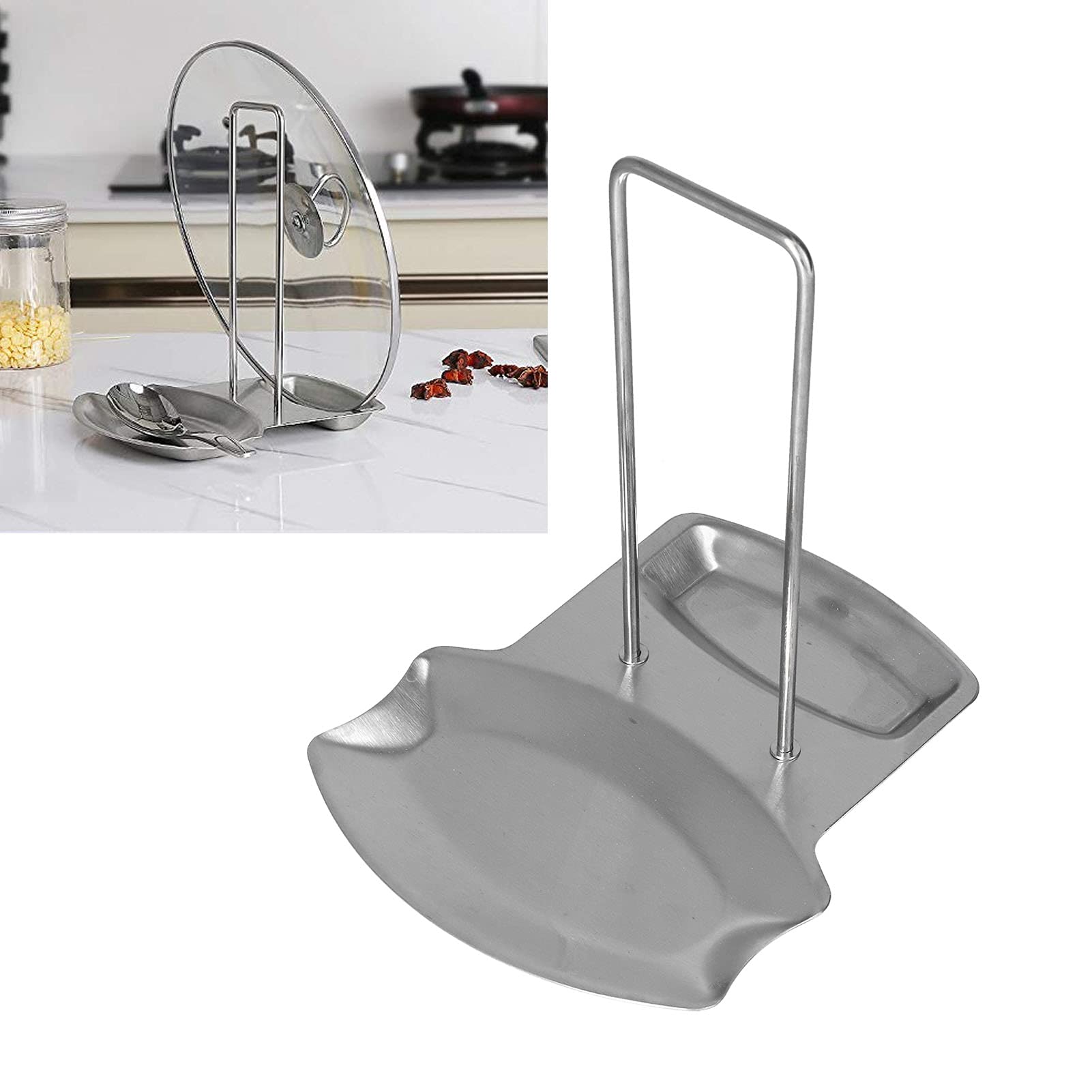 304 Stainless Steel Pan Cover Rack, Storage Shelf Organizer Spoon Rest with Drain Tray Stainless Steel Pan Pot Cover Lid Rack Shelf Stand for Pots Pans Spoons