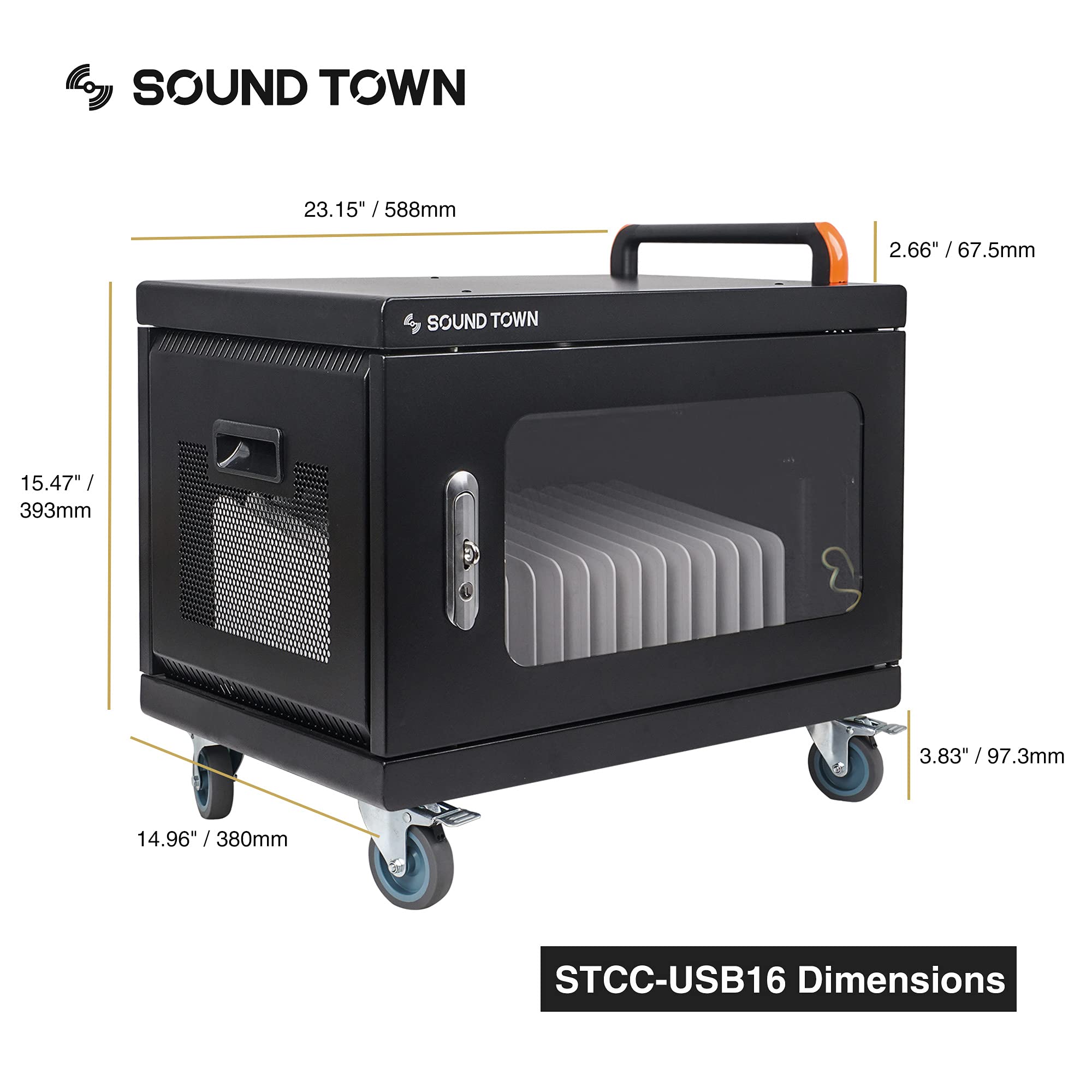 Sound Town Multi-Device Charging Cart with 16 USB Charging Ports and Casters, for iPads, Tablets, Wall Mountable (STCC-USB16US)