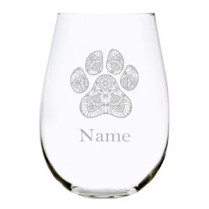 pawprint with name stemless wine glass, 17 oz.