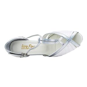 Very Fine Womens Dance Shoe Gabriella Bachata Swing Salsa Latin Ballroom White Satin and Silver 2.5" Heel 4.5 US