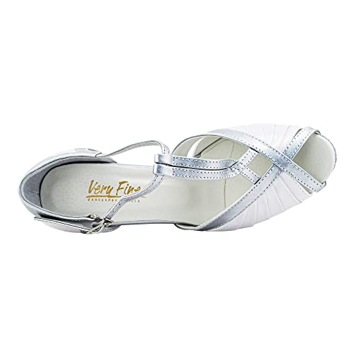 Very Fine Womens Dance Shoe Gabriella Bachata Swing Salsa Latin Ballroom White Satin and Silver 2.5" Heel 4.5 US