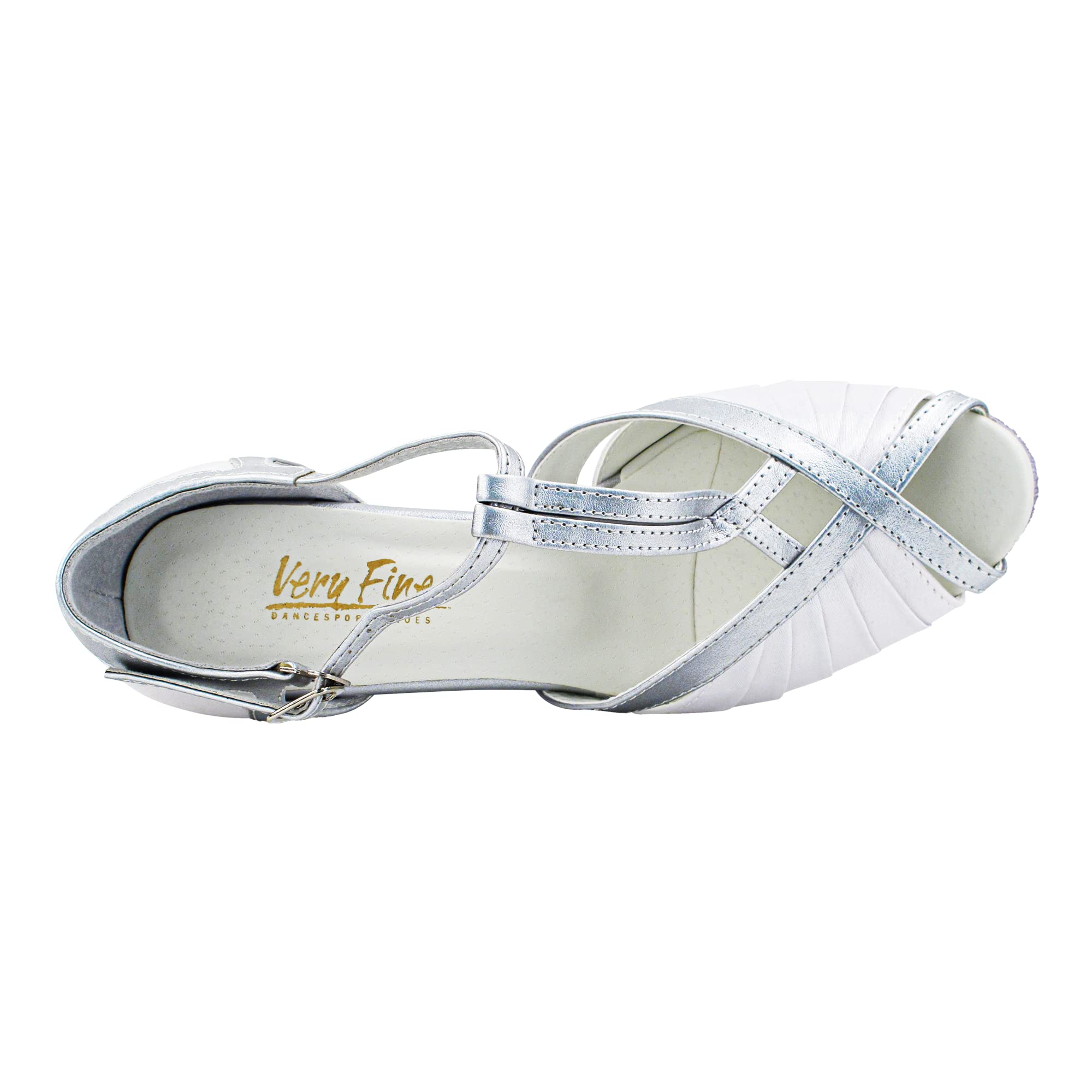 Very Fine Womens Dance Shoe Gabriella Bachata Swing Salsa Latin Ballroom White Satin and Silver 2.5" Heel US 5.5 M