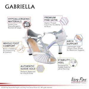 Very Fine Womens Dance Shoe Gabriella Bachata Swing Salsa Latin Ballroom White Satin and Silver 2.5" Heel 8.5 US