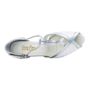 Very Fine Womens Dance Shoe Gabriella Bachata Swing Salsa Latin Ballroom White Satin and Silver 2.5" Heel 8.5 US