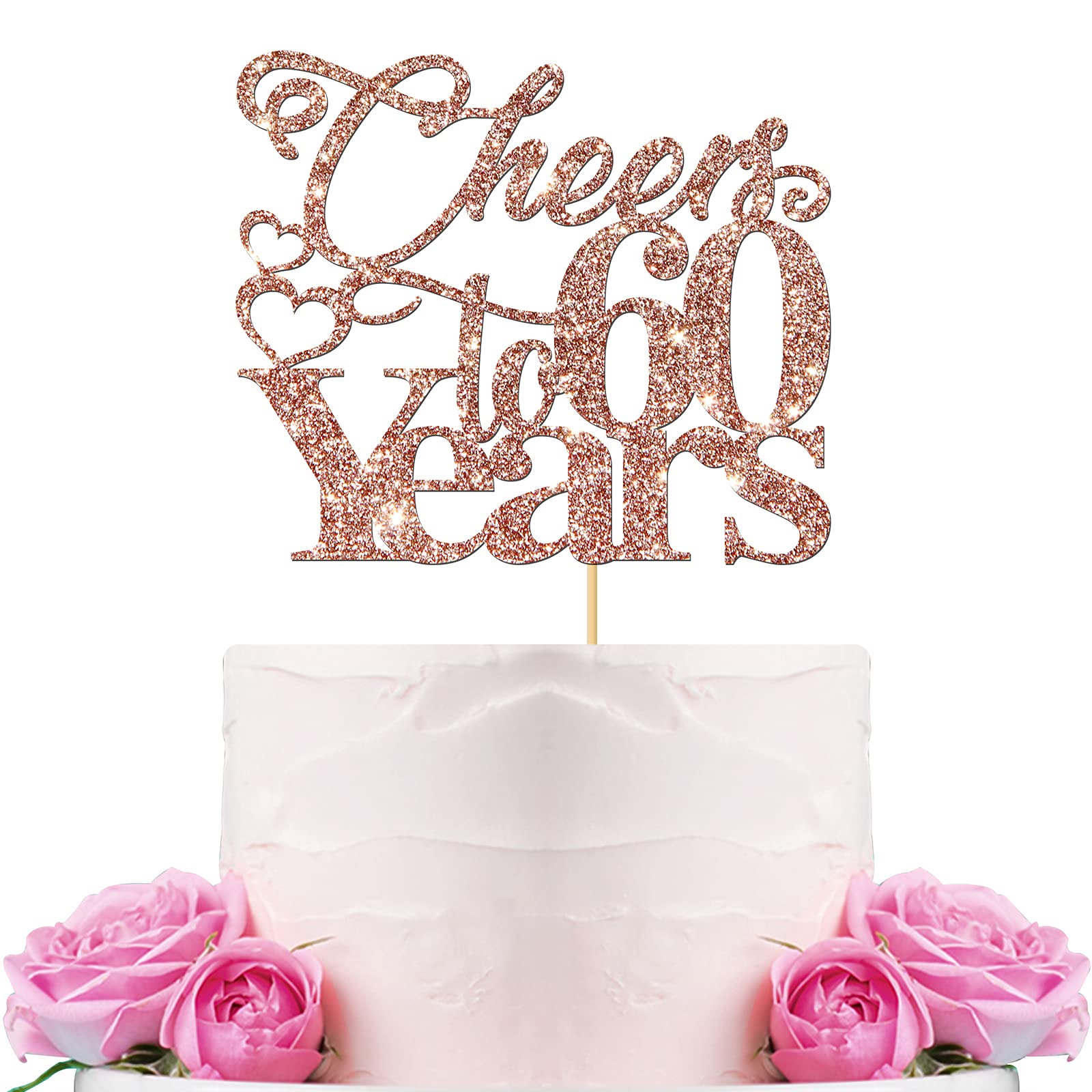 WeBenison Cheers to 60 Years Cake Topper/Happy 60th Birthday Cake Decorations/Happy 60th Anniversary Party Supplies Rose Gold Glitter