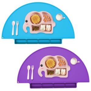 silicone baby placemats, food catching placemats for kids baby toddlers, toddler placemat for dining table,2pack,blue/purple