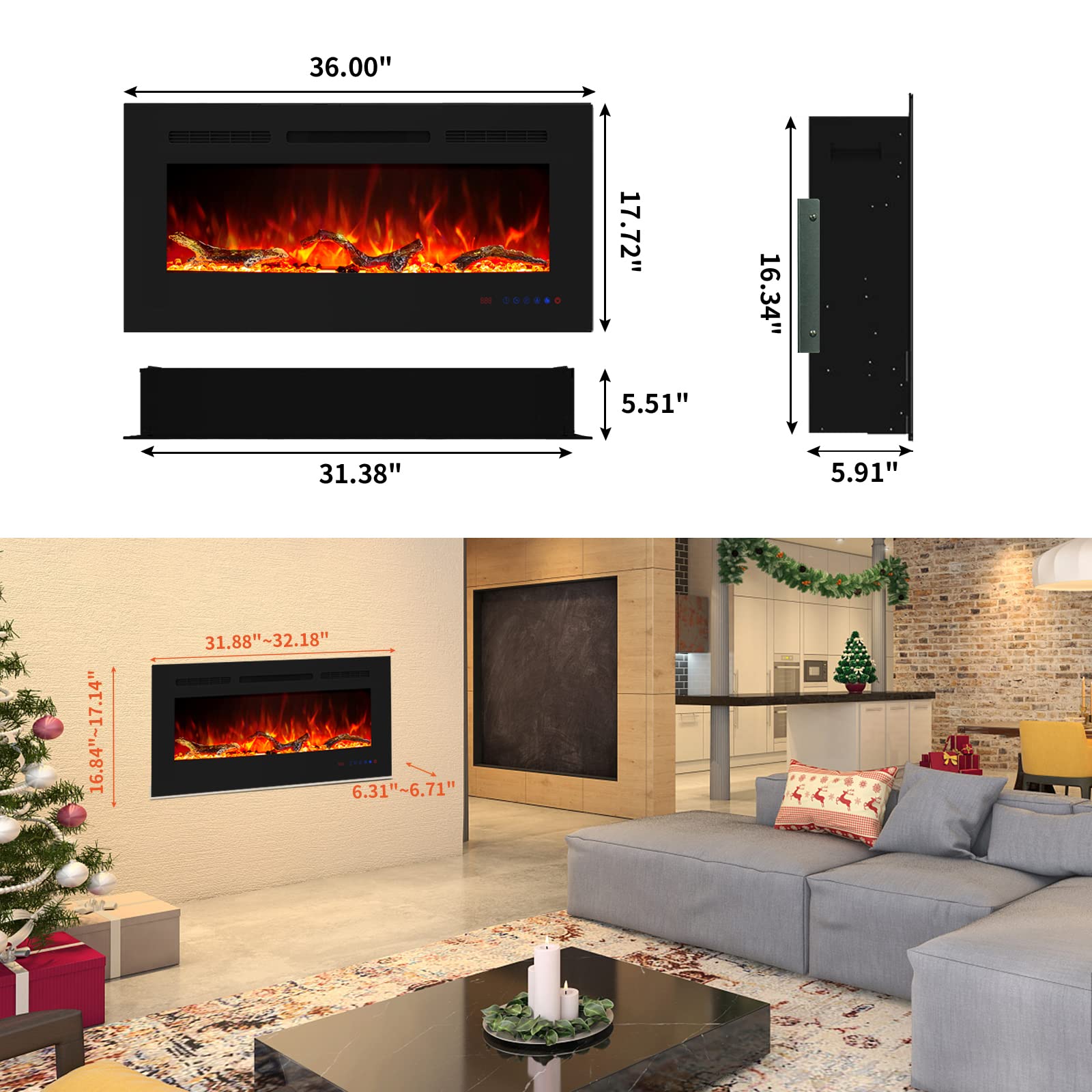 HEATLAND 36" Recessed Wall Mounted Electric Fireplace，Dual Control Remote and Touch Screen, Multiple Colors Adjustable ，750W/1500W Wide Recessed Fireplace Heater, Indoor Heater with Timer