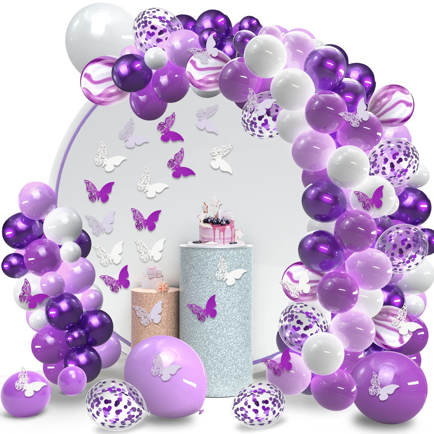 Labeol 148Pcs Purple Balloons 18/12/10/5 Inch Balloon Garland Arch Kit Lavender White Metallic Confetti Latex Balloons Butterfly Decorations for Party Birthday Wedding Baby Shower Decoration