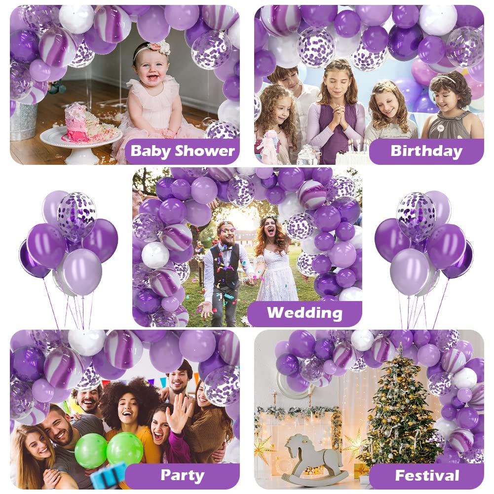 Labeol 148Pcs Purple Balloons 18/12/10/5 Inch Balloon Garland Arch Kit Lavender White Metallic Confetti Latex Balloons Butterfly Decorations for Party Birthday Wedding Baby Shower Decoration