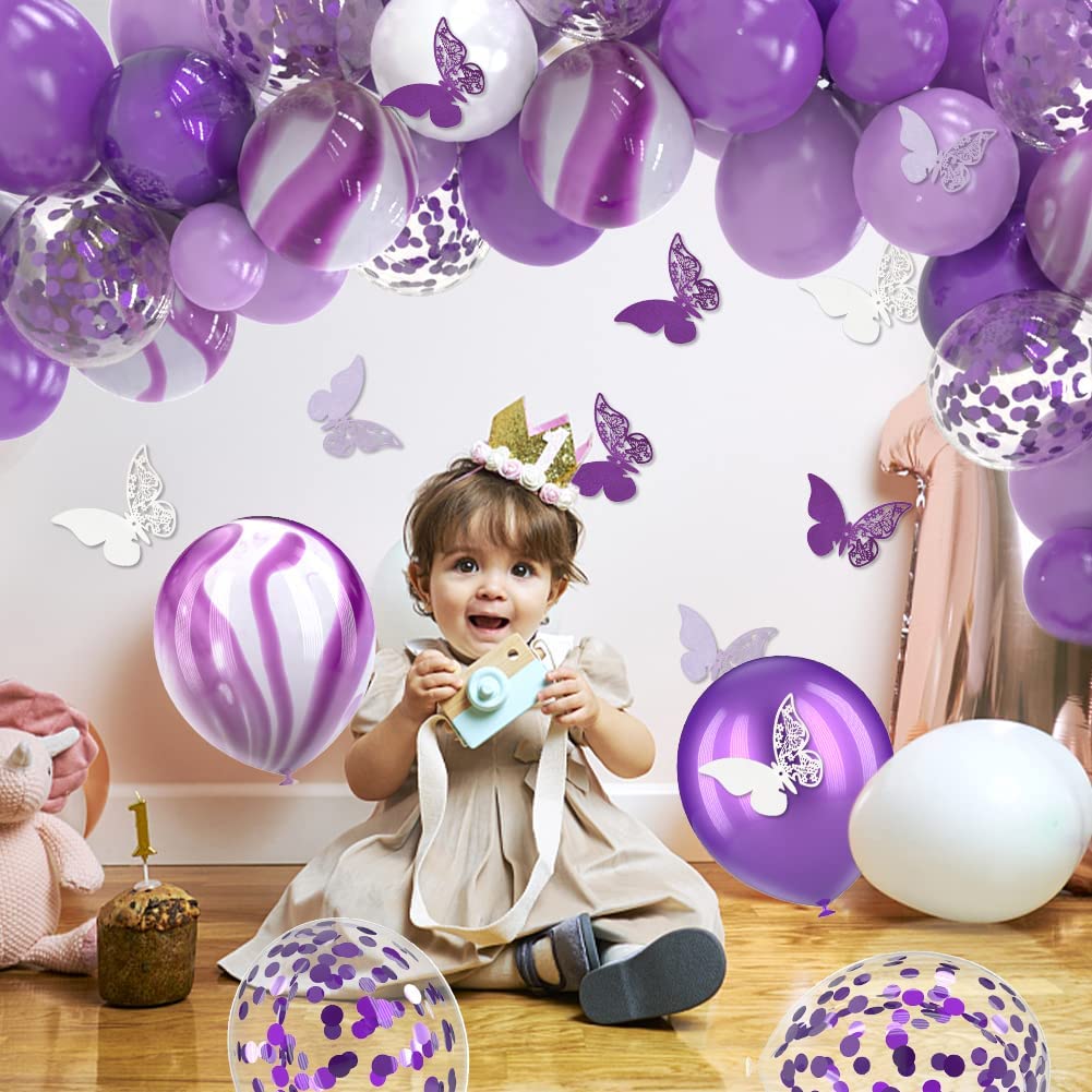 Labeol 148Pcs Purple Balloons 18/12/10/5 Inch Balloon Garland Arch Kit Lavender White Metallic Confetti Latex Balloons Butterfly Decorations for Party Birthday Wedding Baby Shower Decoration