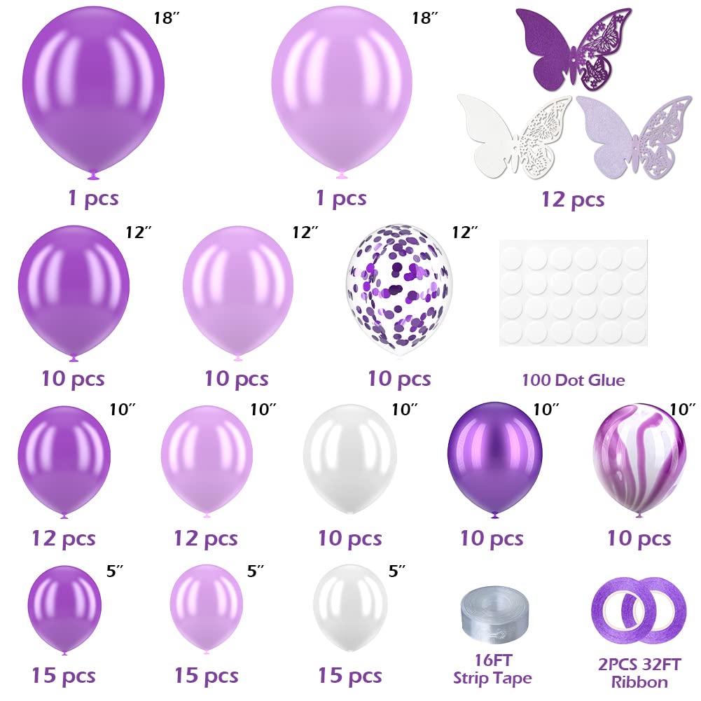 Labeol 148Pcs Purple Balloons 18/12/10/5 Inch Balloon Garland Arch Kit Lavender White Metallic Confetti Latex Balloons Butterfly Decorations for Party Birthday Wedding Baby Shower Decoration