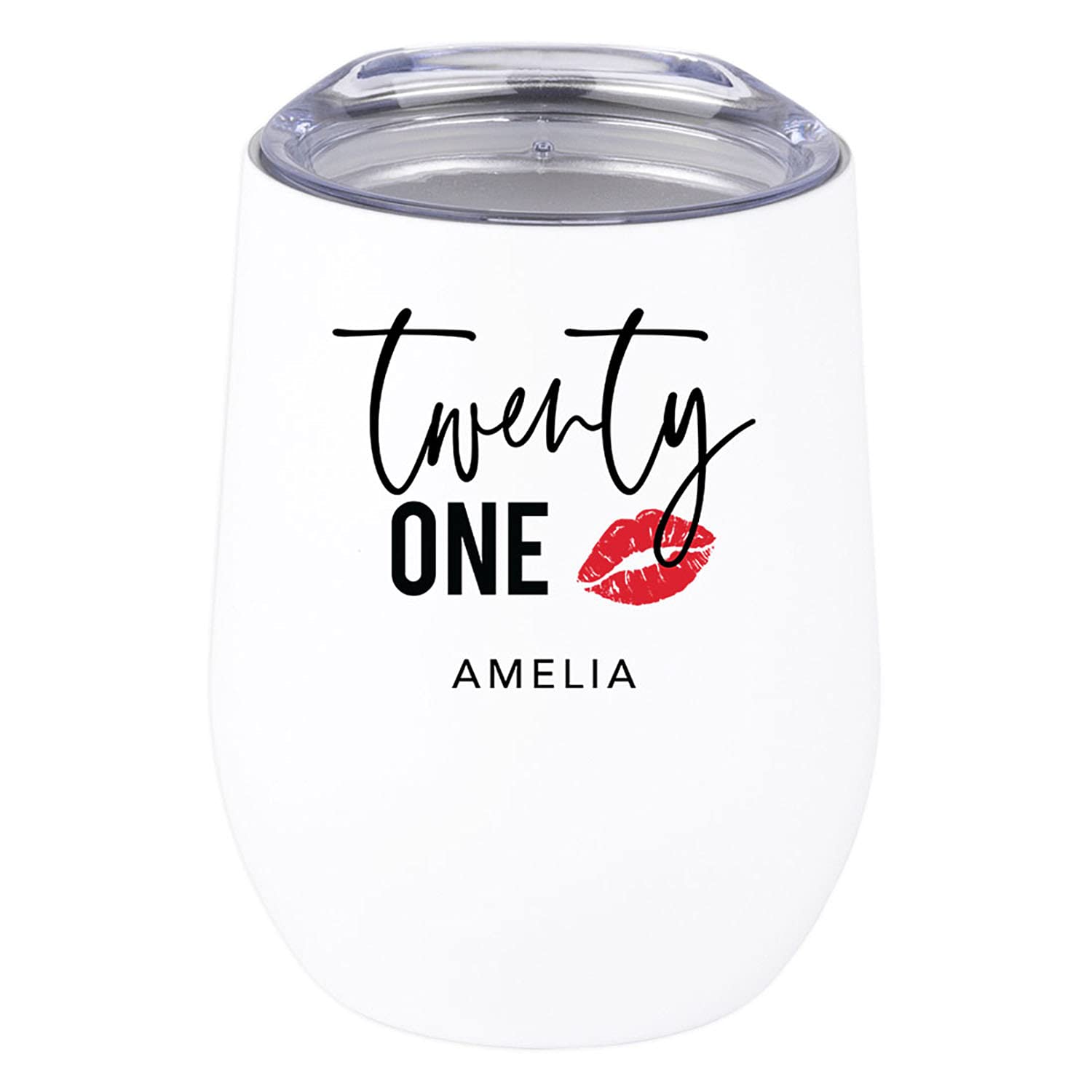 Andaz Press Personalized 21st Birthday Wine Tumbler with Lid 12oz Stemless Stainless Steel Insulated Twenty One Custom Name Lips Tumbler for Wine Champagne Cocktails Twenty One Year Old Birthday Gift