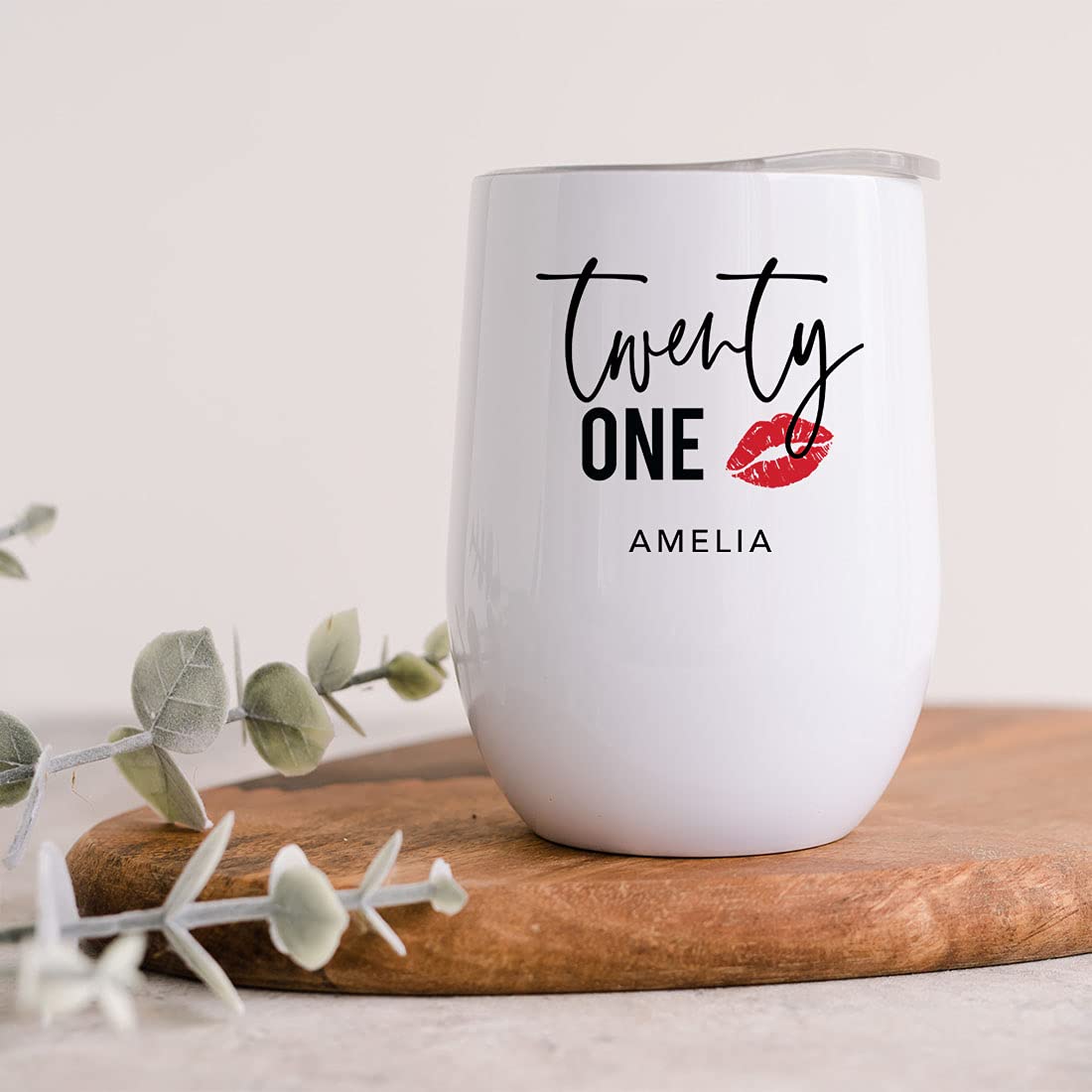 Andaz Press Personalized 21st Birthday Wine Tumbler with Lid 12oz Stemless Stainless Steel Insulated Twenty One Custom Name Lips Tumbler for Wine Champagne Cocktails Twenty One Year Old Birthday Gift