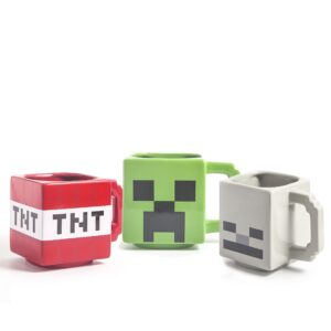 zak designs minecraft mug unique 3d sculpted ceramic coffee cup 3 piece set, collectible keepsake square coffee mugs (21oz, creeper & skeleton & tnt)