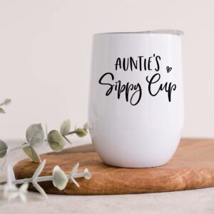 Andaz Press Funny Auntie's Sippy Cup Heart Wine Tumbler with Lid 12 Oz Stemless Stainless Steel Insulated Birthday Christmas Gift for Aunt Sister from Niece Nephew Baby Announcement for Auntie To Be