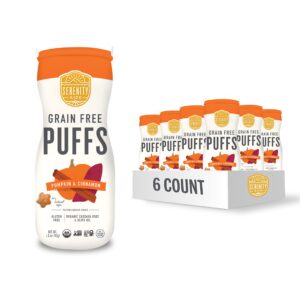 serenity kids 6+ months grain free puffs toddler & baby snack | no added sugar, gluten & rice free, allergen free | made with organic cassava, veggies, and herbs | pumpkin & cinnamon | 6 count