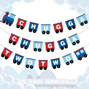 chugga chugga two two banner, train happy birthday garland, choo choo im two party supplies, railroad birthday party decorations for boys train theme 2nd party decor