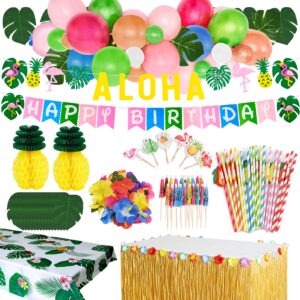 tropical luau party decoration pack hawaiian beach theme party flamingo pineapple décors multi scene luau party supplies (135pcs) happy birthday & aloha felt banner table skirt disposable tablecloth