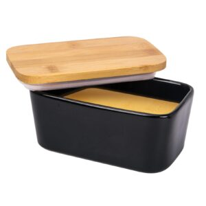 arswin butter dish with lid, porcelain keeper with wood lid cover for butter, microwave safe easy clean butter storage container for countertop and refrigerator (black 10oz)