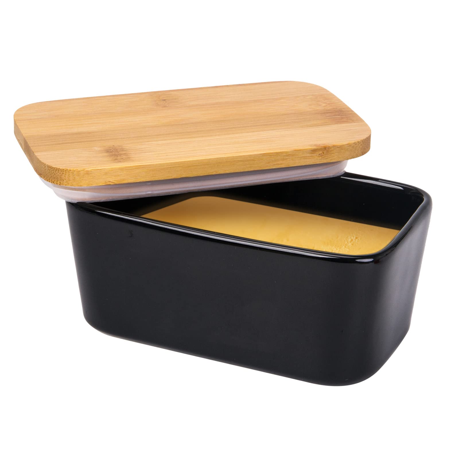 Arswin Butter Dish with Lid, Porcelain Keeper with Wood Lid Cover for Butter, Microwave Safe Easy Clean Butter Storage Container for Countertop and Refrigerator (Black 10oz)