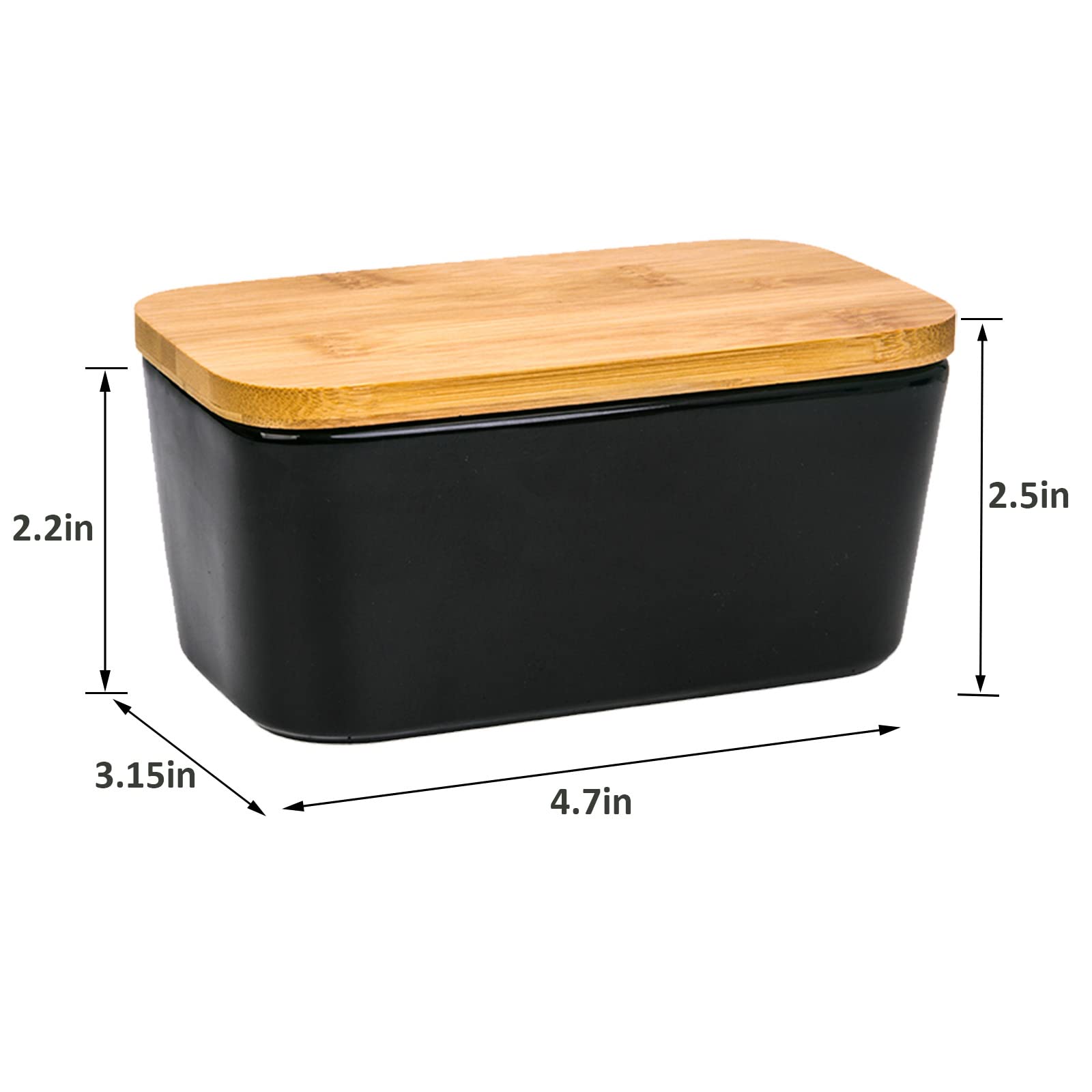 Arswin Butter Dish with Lid, Porcelain Keeper with Wood Lid Cover for Butter, Microwave Safe Easy Clean Butter Storage Container for Countertop and Refrigerator (Black 10oz)