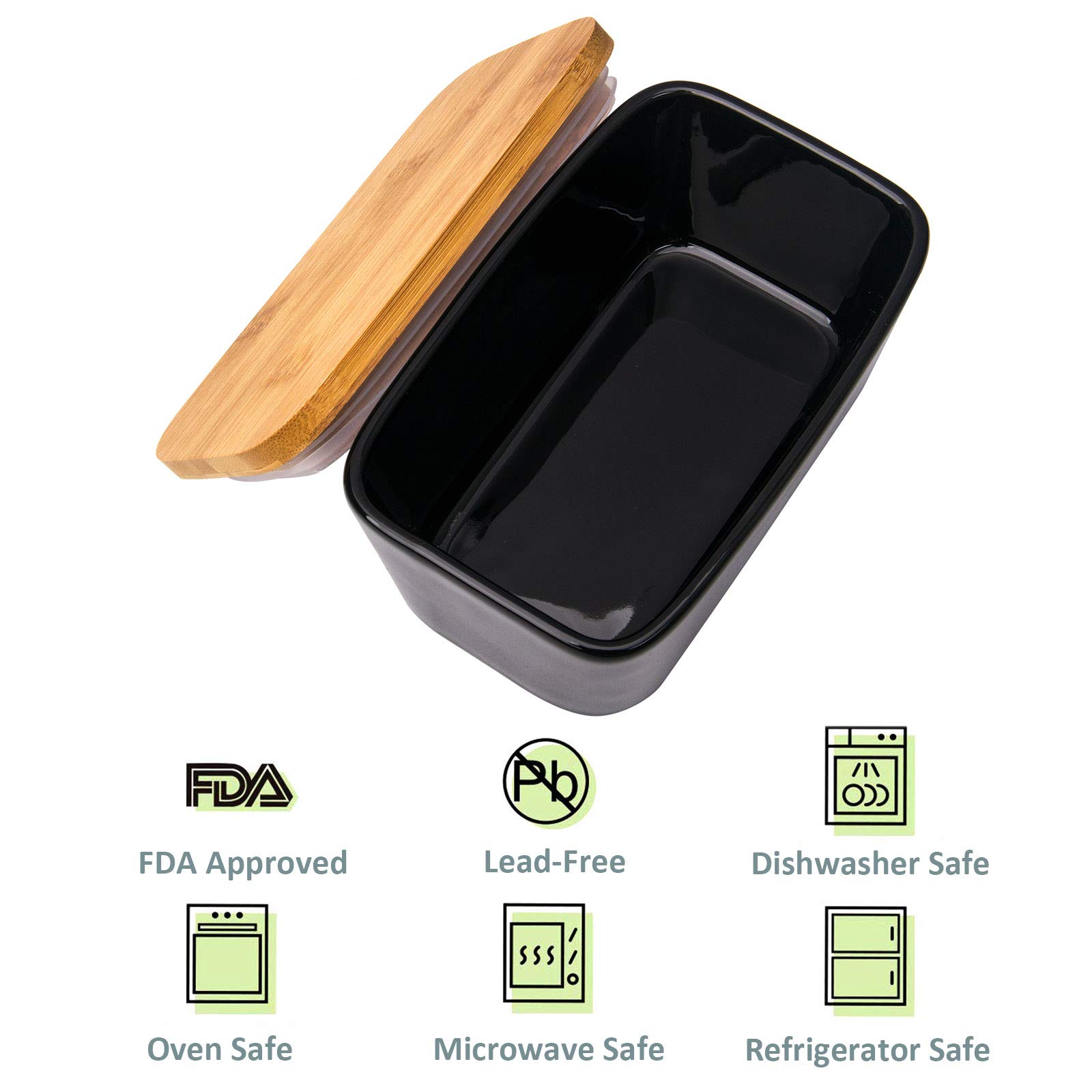 Arswin Butter Dish with Lid, Porcelain Keeper with Wood Lid Cover for Butter, Microwave Safe Easy Clean Butter Storage Container for Countertop and Refrigerator (Black 10oz)