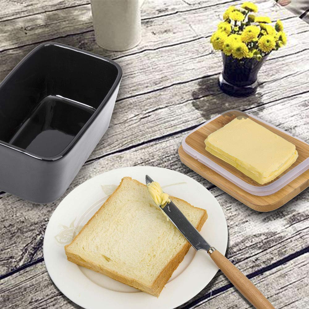 Arswin Butter Dish with Lid, Porcelain Keeper with Wood Lid Cover for Butter, Microwave Safe Easy Clean Butter Storage Container for Countertop and Refrigerator (Black 10oz)