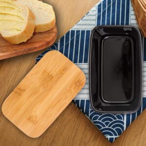 Arswin Butter Dish with Lid, Porcelain Keeper with Wood Lid Cover for Butter, Microwave Safe Easy Clean Butter Storage Container for Countertop and Refrigerator (Black 10oz)