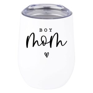 andaz press funny mother's day wine tumbler with lid, boy mom, 12 oz stemless stainless steel insulated birthday christmas gift for new mom mama tumbler mom tumbler mom to be