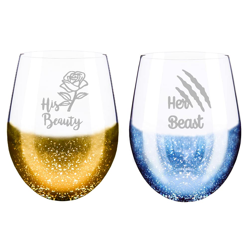 Valentines Day Gifts for Husband from Wife, His Beauty Her Beast Hand Etched Stemless Glitter Wine Glass Idea Gift for Couple