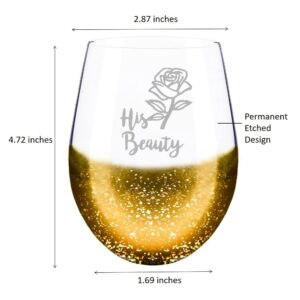 Valentines Day Gifts for Husband from Wife, His Beauty Her Beast Hand Etched Stemless Glitter Wine Glass Idea Gift for Couple