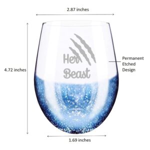 Valentines Day Gifts for Husband from Wife, His Beauty Her Beast Hand Etched Stemless Glitter Wine Glass Idea Gift for Couple