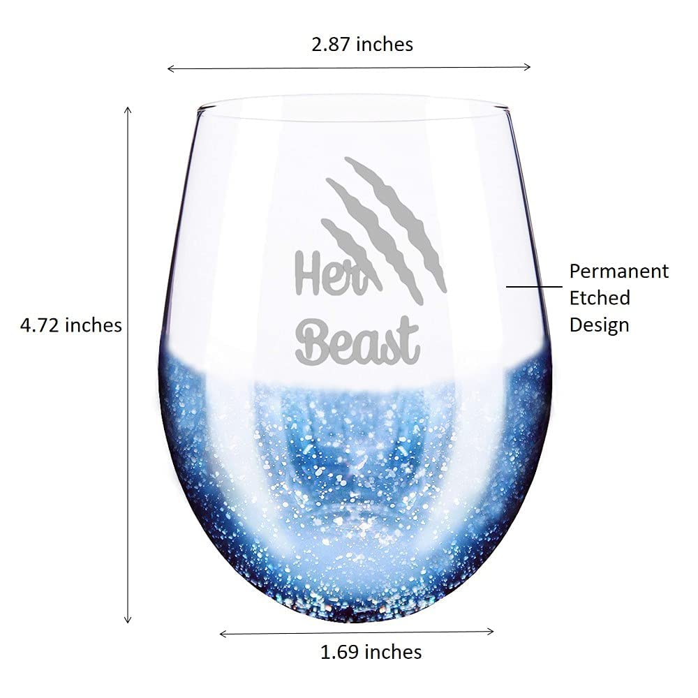 Valentines Day Gifts for Husband from Wife, His Beauty Her Beast Hand Etched Stemless Glitter Wine Glass Idea Gift for Couple