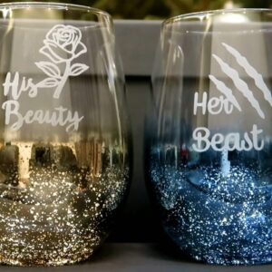 Valentines Day Gifts for Husband from Wife, His Beauty Her Beast Hand Etched Stemless Glitter Wine Glass Idea Gift for Couple