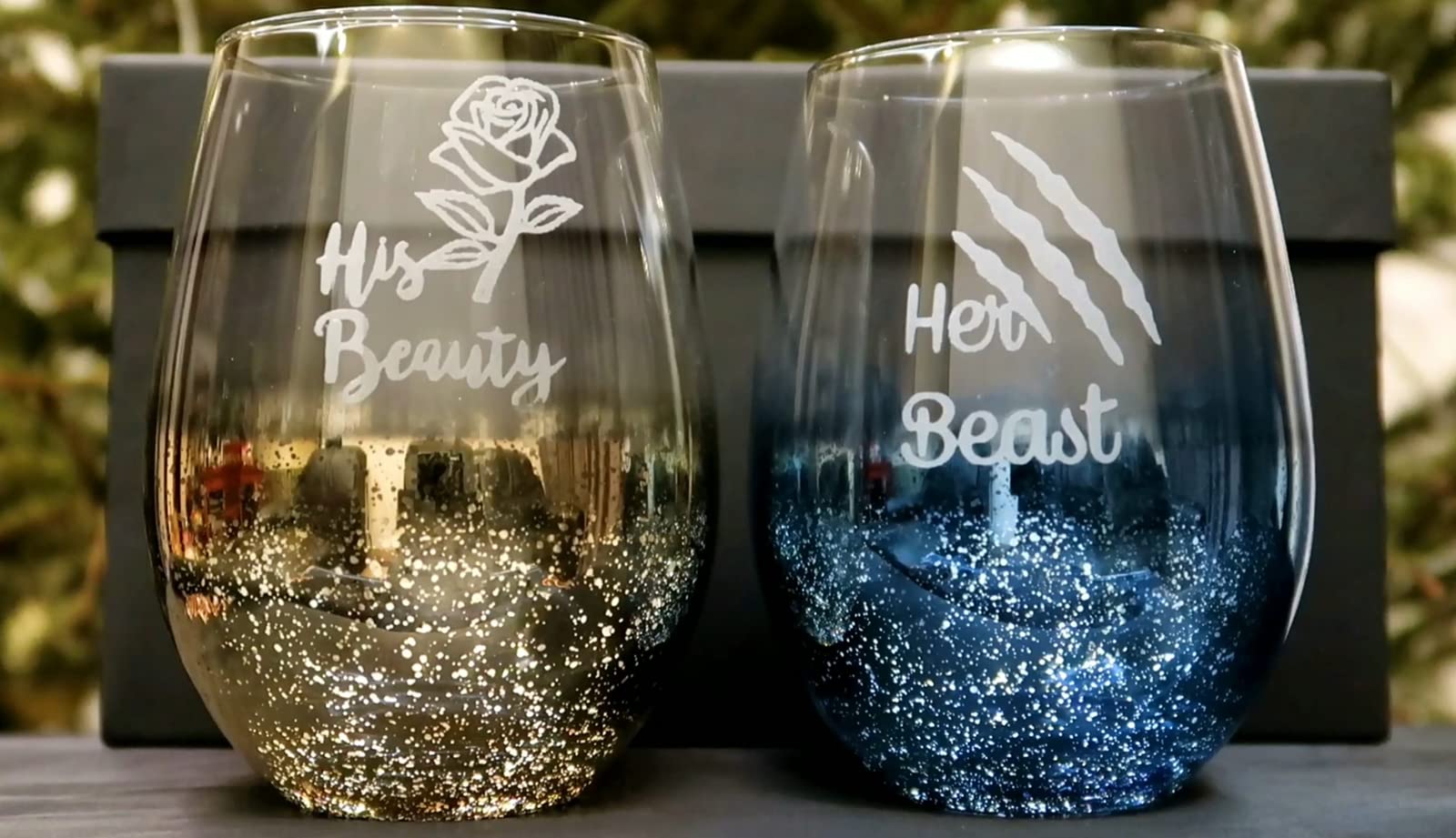 Valentines Day Gifts for Husband from Wife, His Beauty Her Beast Hand Etched Stemless Glitter Wine Glass Idea Gift for Couple