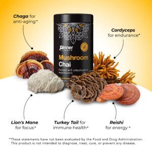 Inner Elevate Mushroom Chai - Ultimate Coffee Alternative - Adaptogenic Mushroom Tea Drink with Lion's Mane, Cordyceps, Chaga, Reishi, Turkey Tail (30 Servings)