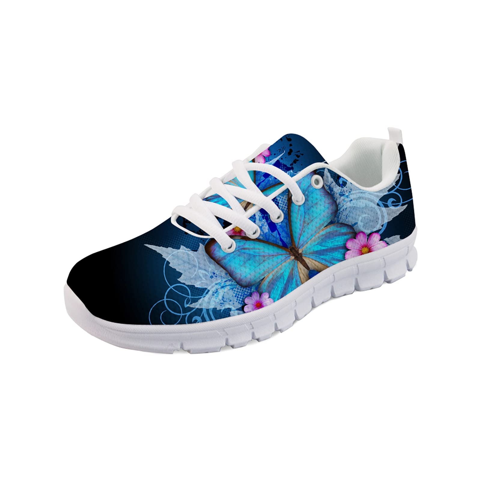 Wanyint Fashion Butterfly Print Women's Walking Shoes Beautiful Blue Animal with Floral Casual Daily Shoes Cute Wildlife Running Jogging Shoes Tennis Shoes Lace-up Sneaker for Gym Work