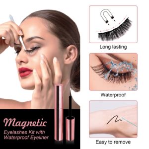 Magnetic Eyelashes with Tweezers and Waterproof Eyeliner, Reusable 3D Magnetic Eyelashes, Natural Look Magnetic Lashes Kit with 5 Styles Dramatic Long Eyelashes Faux Mink Lashes, No Glue (10 Pairs)