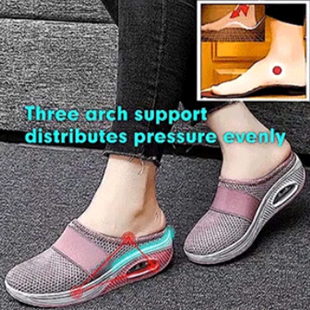 hwojjha Women's Air Cushion Slip-On Walking Shoes-Orthopedic Diabetic Walking Shoes, Breathable with Arch Support Knit Casual Shoes, Casual Air Cushion Platform Mesh Mules Sneaker Sandals (Grey, 8)