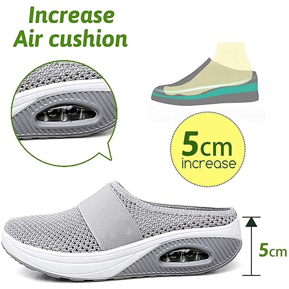 hwojjha Women's Air Cushion Slip-On Walking Shoes-Orthopedic Diabetic Walking Shoes, Breathable with Arch Support Knit Casual Shoes, Casual Air Cushion Platform Mesh Mules Sneaker Sandals (Grey, 8)