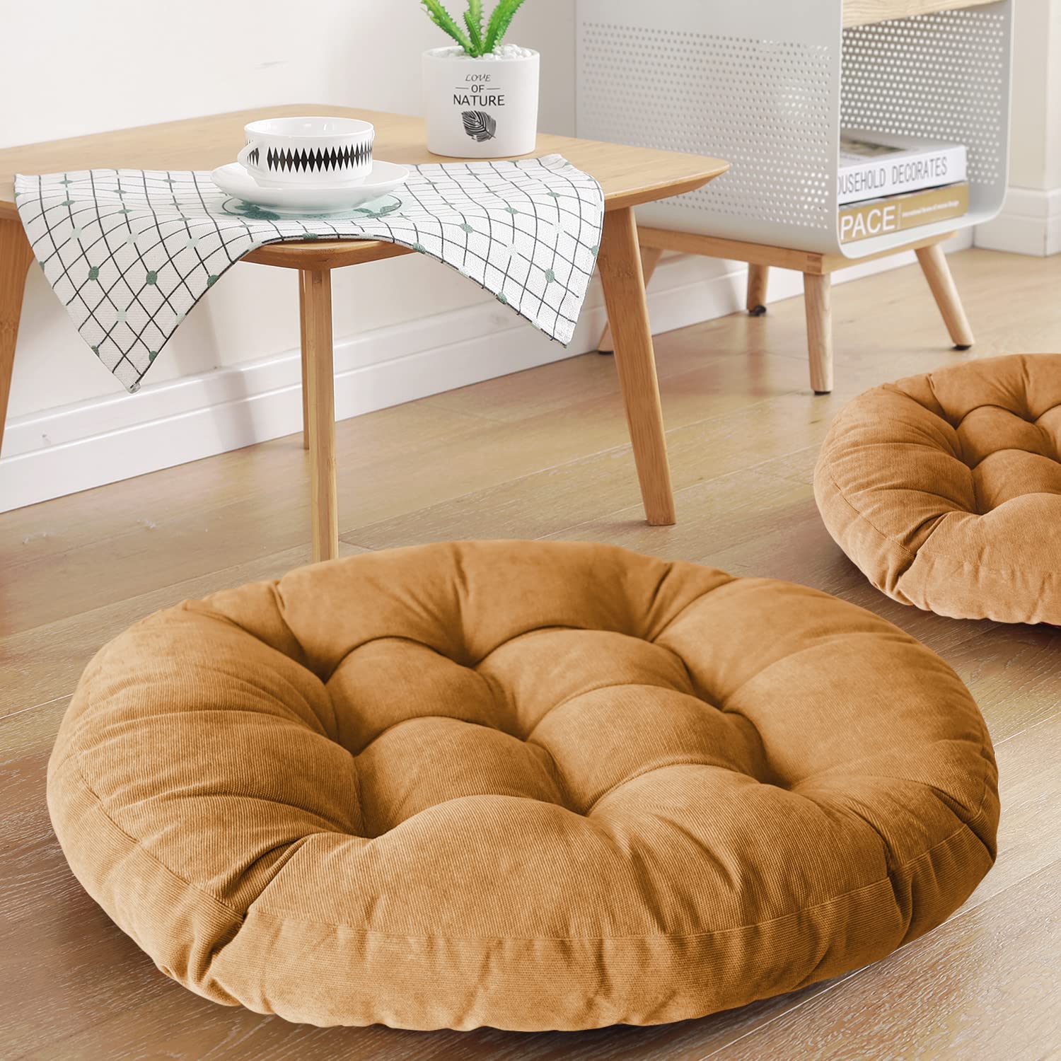 Sexysamba Round Floor Seat Pillows Cushions 22" x 22", Soft Thicken Yoga Meditation Cushion Pouf Tufted Corduroy Tatami Floor Pillow Reading Cushion Chair Pad Casual Seating for Adults & Kids, Khaki