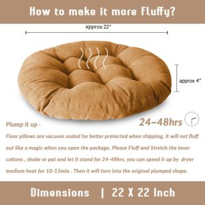 Sexysamba Round Floor Seat Pillows Cushions 22" x 22", Soft Thicken Yoga Meditation Cushion Pouf Tufted Corduroy Tatami Floor Pillow Reading Cushion Chair Pad Casual Seating for Adults & Kids, Khaki