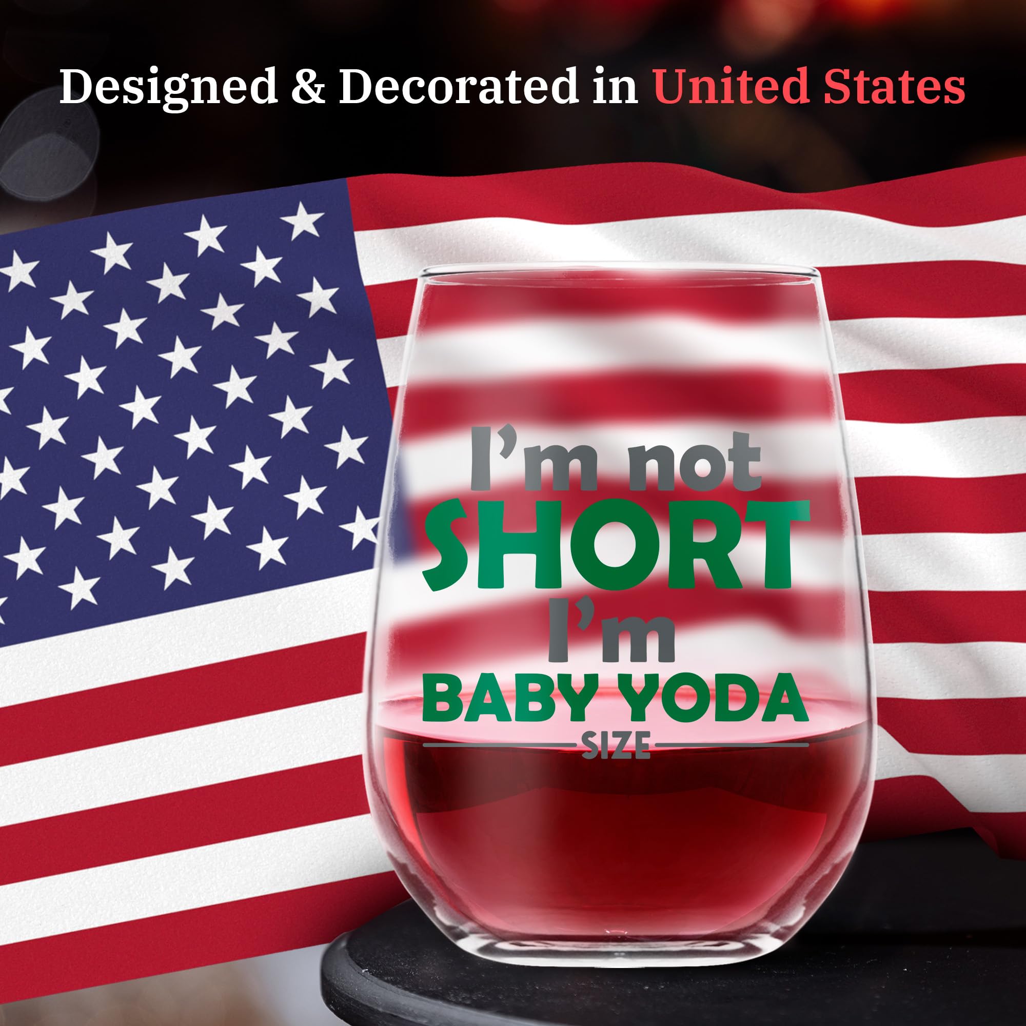 Toasted Tales - I'm Not Short I'm Baby Yoda Wine Glass | Baby Yoda Gifts for Men & Women | Cute & Funny Wine Tasting Drinking Gifts | Retirement Gifts Wine Glass | Drinkware Gift for Him & Her (15 oz)