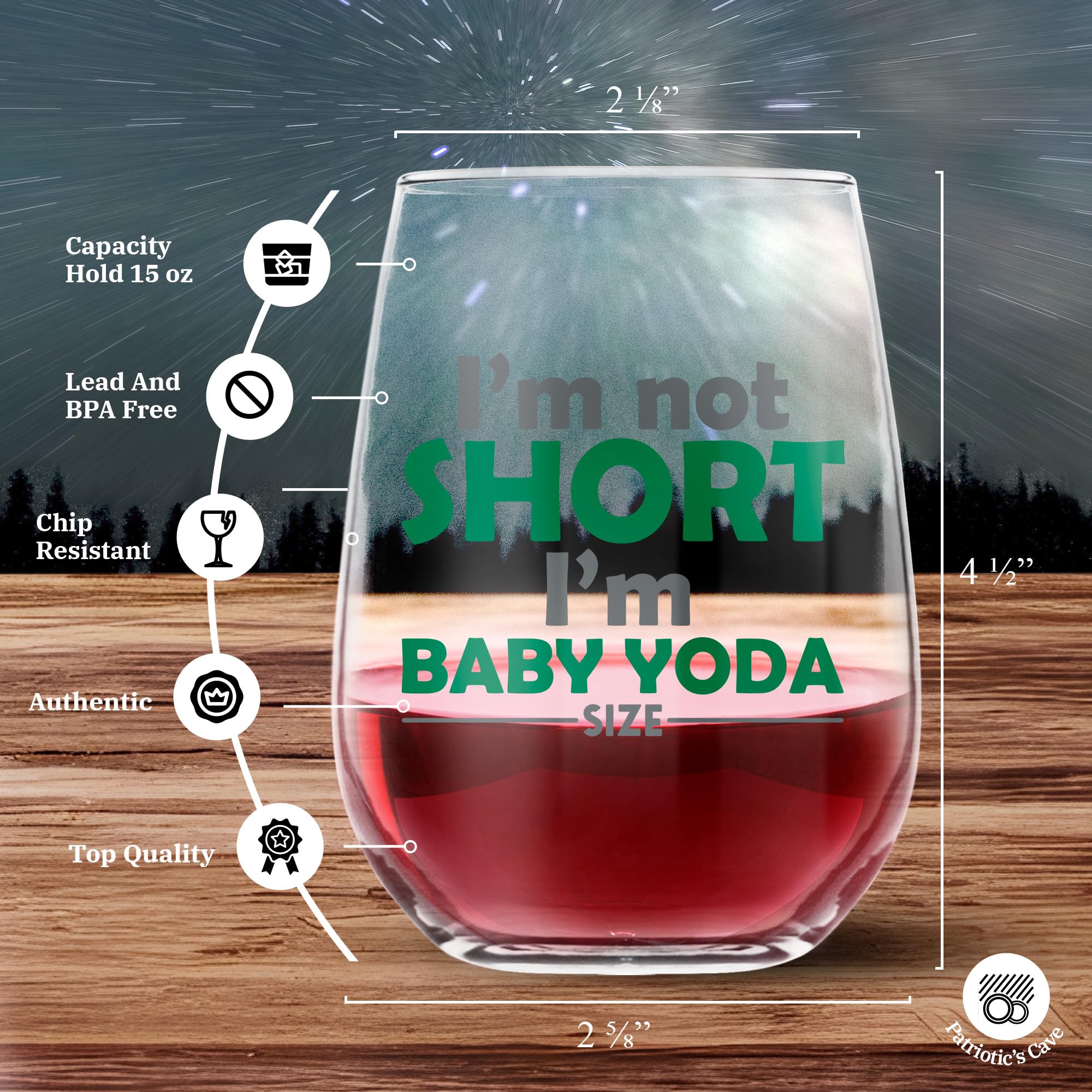 Toasted Tales - I'm Not Short I'm Baby Yoda Wine Glass | Baby Yoda Gifts for Men & Women | Cute & Funny Wine Tasting Drinking Gifts | Retirement Gifts Wine Glass | Drinkware Gift for Him & Her (15 oz)